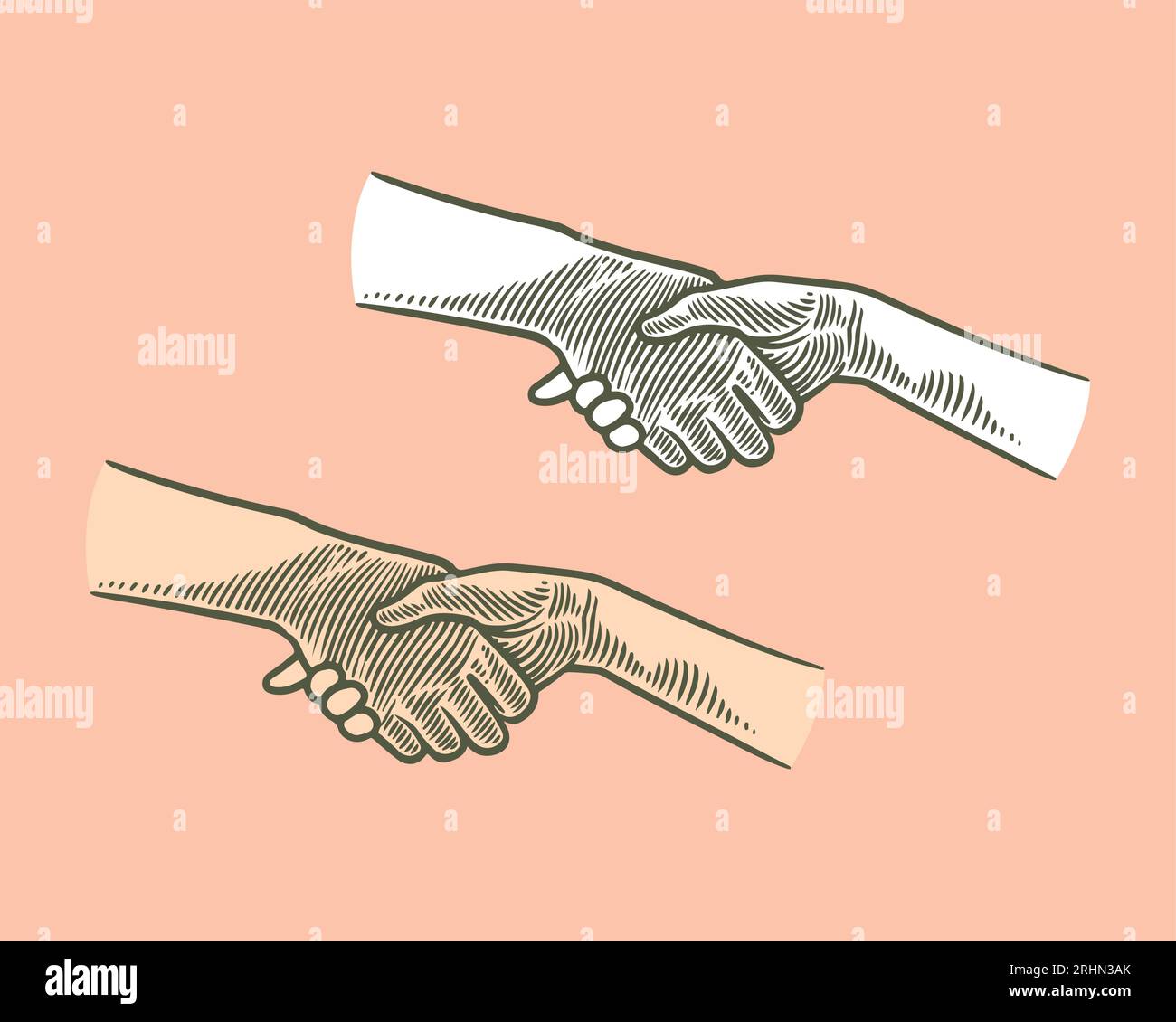 hand drawing engraving hand big holding child hand isolated on pink ...