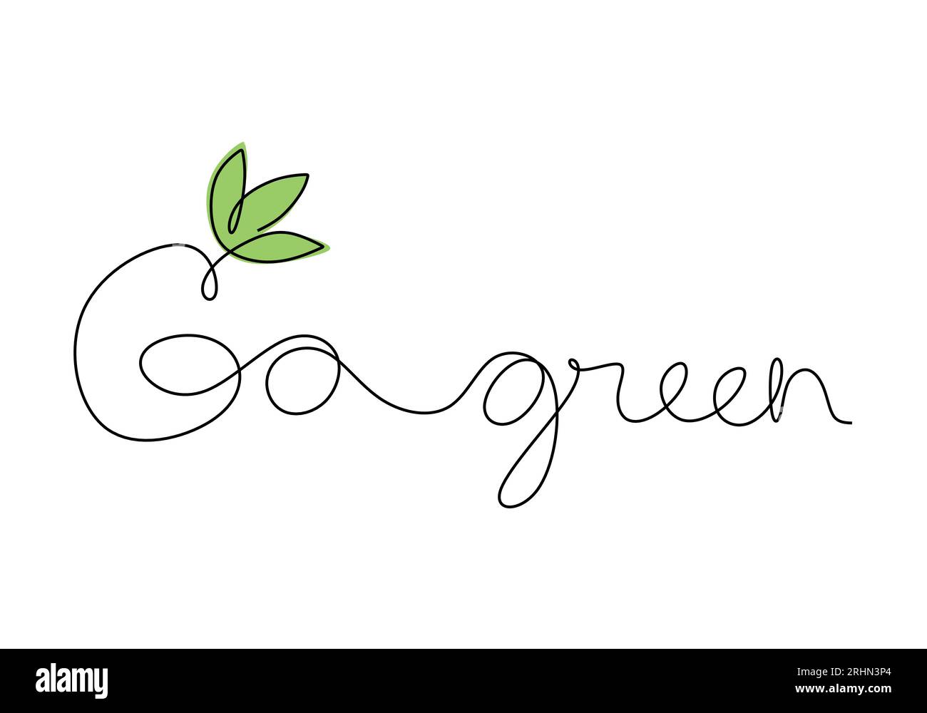 One continuous single line of Go green words isolated on white ...