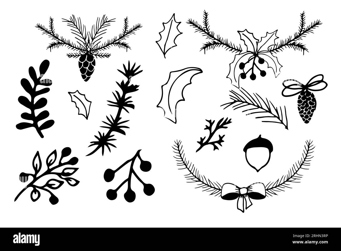 Pine cone, pine tree branch, berries and leaves, border ans mistletoe ...