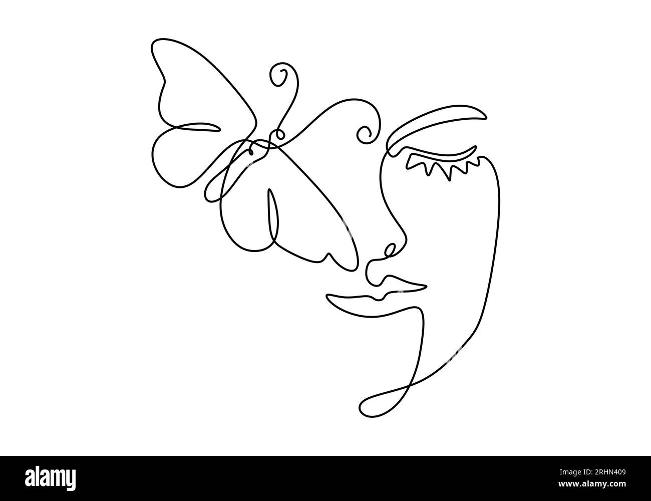 One Continuous Single Line Of Abstract Woman And Butterfly Isolated On White Background Stock