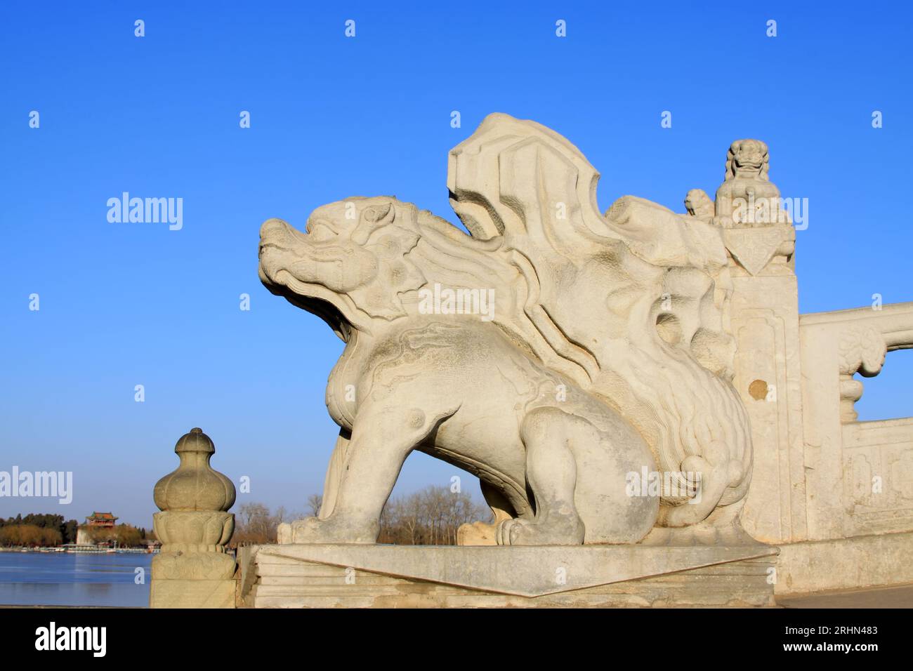 Animal sculpture on seventeen holes bridge railing in the Summer Palace ...