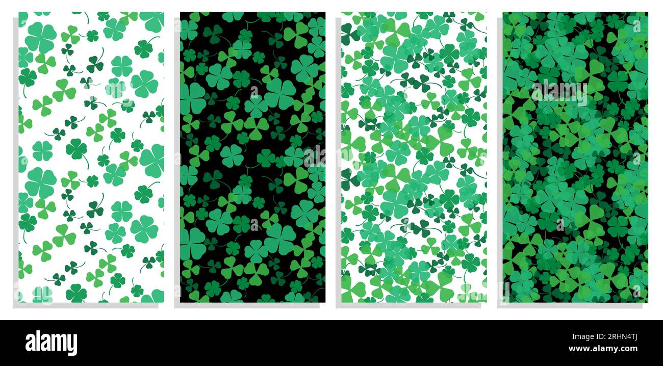 Set of vertical St.Patrick Day festive flyers with Three and four leaf clover seamless patterns ...