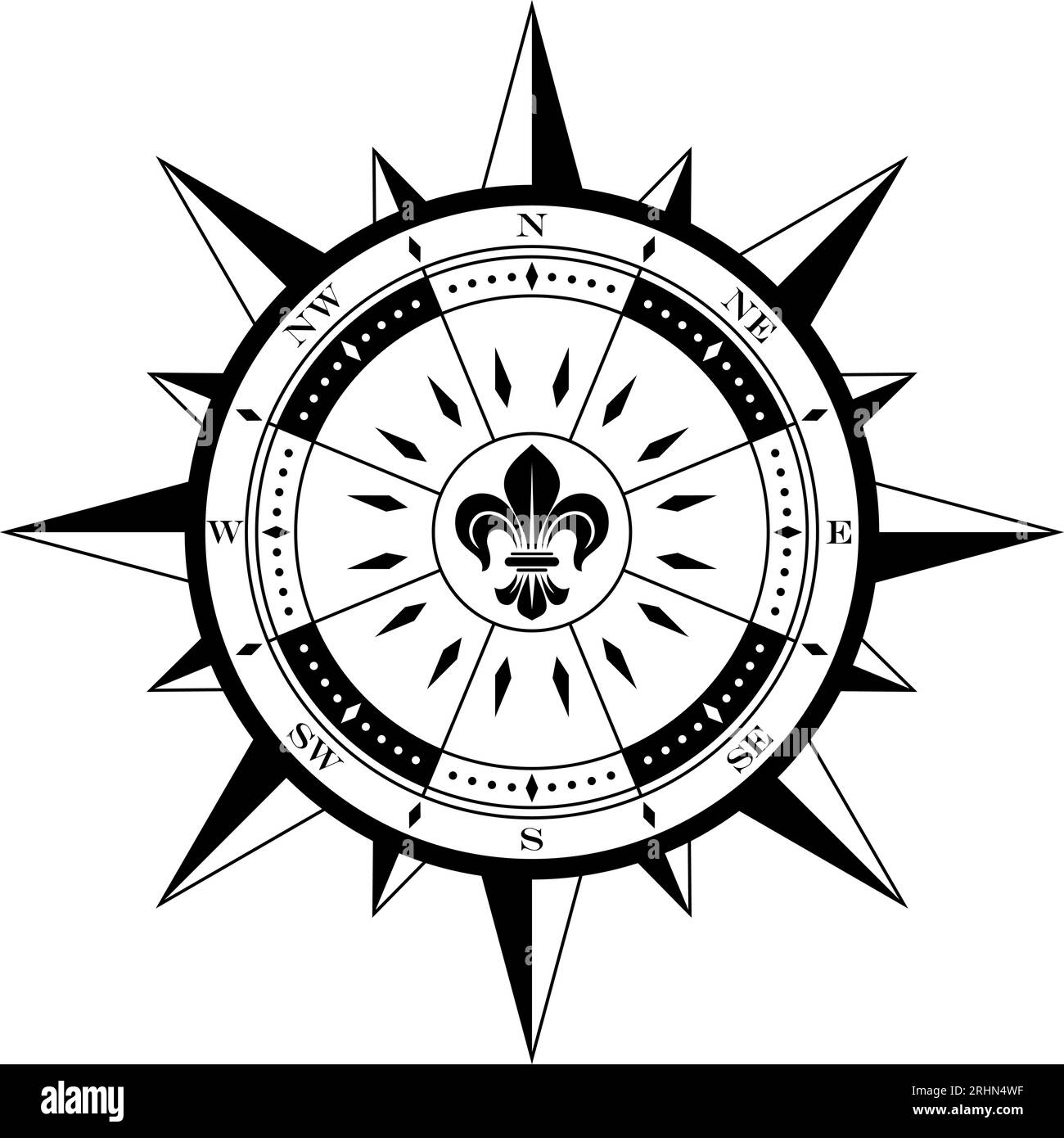 Compass rose vector with eight wind directions. Wind Rose with lily ...