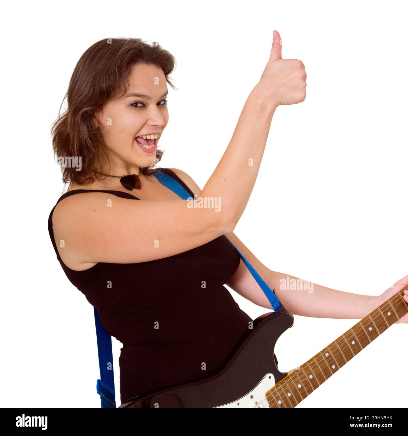 Female guitarist Thumbs Up gesture on white background Model release ...