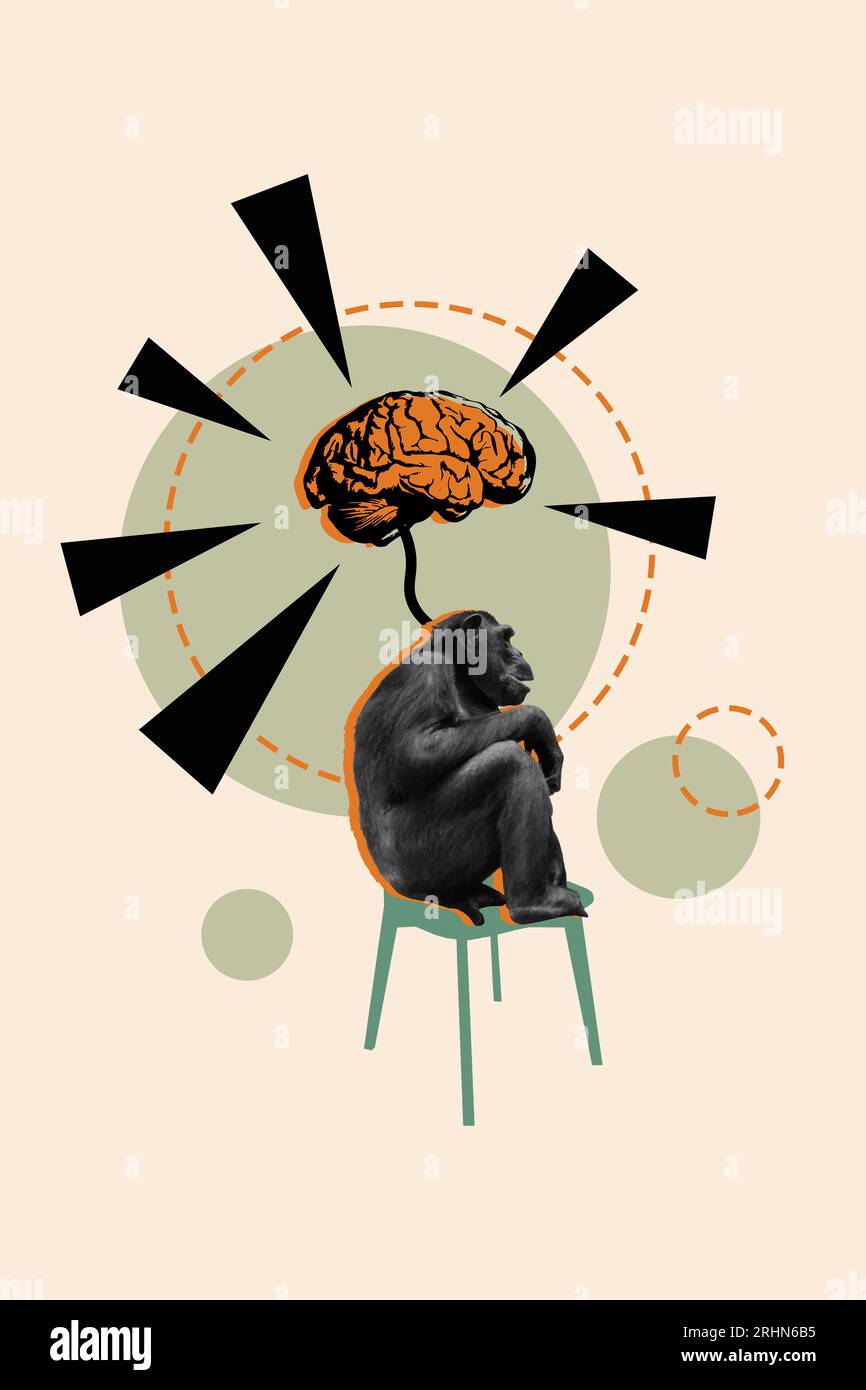 Vertical collage picture of minded monkey animal sit chair think huge ...