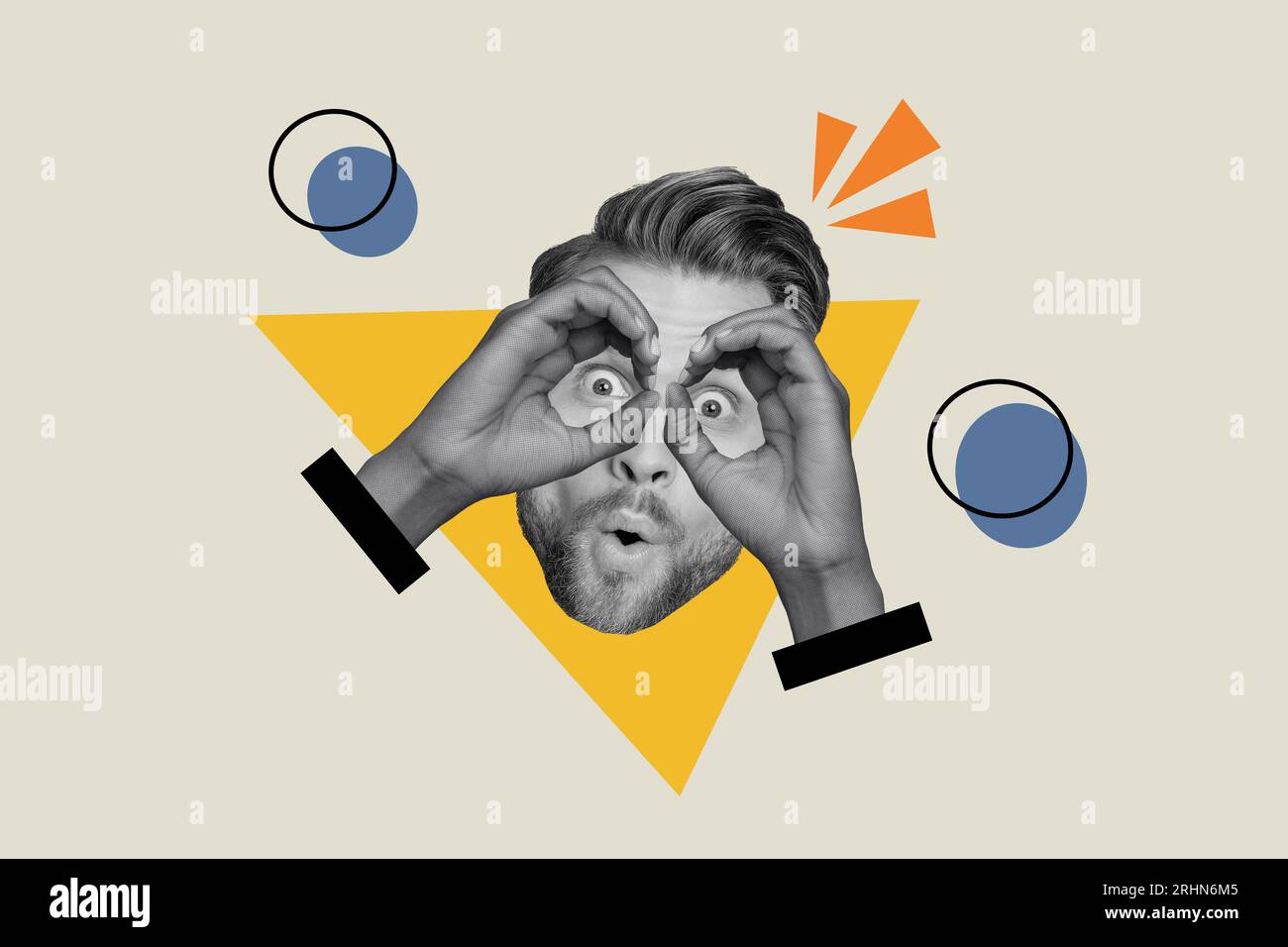 Composite illustration photo collage of funny impressed man hold arms ...