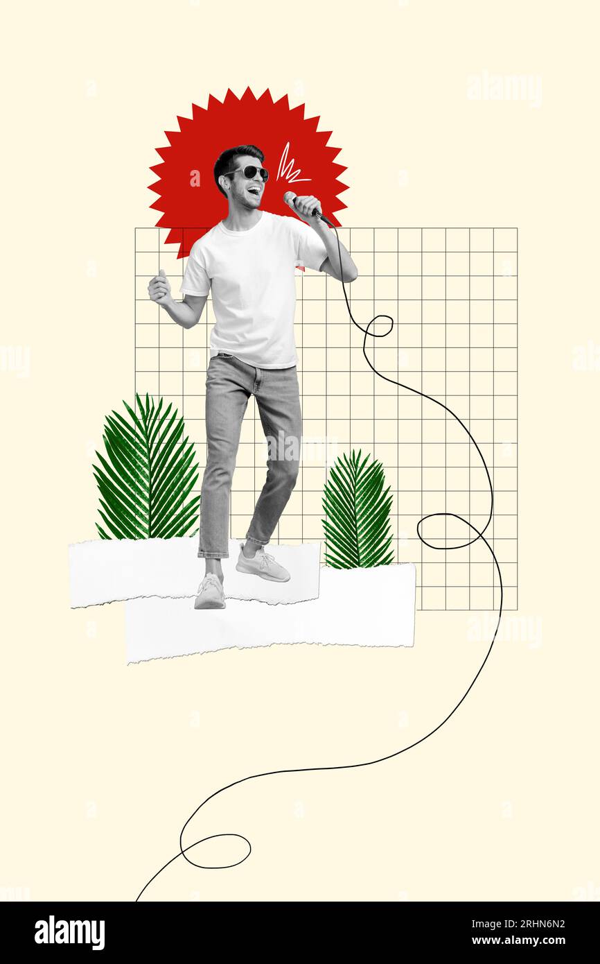Banner collage image of cheerful positive guy have fun sing karaoke ...