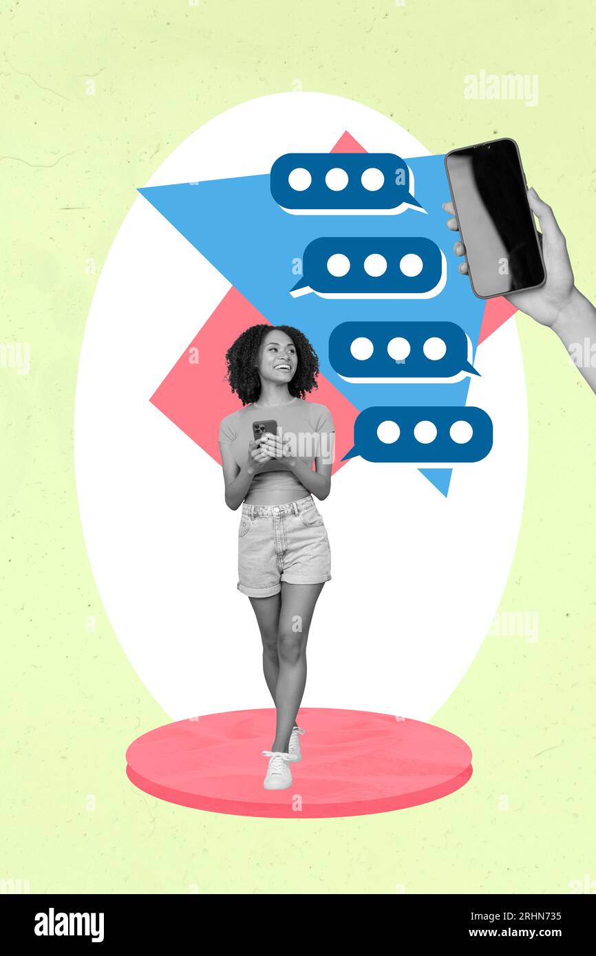 Collage 3d pinup pop retro sketch image of funny dreamy lady chatting ...