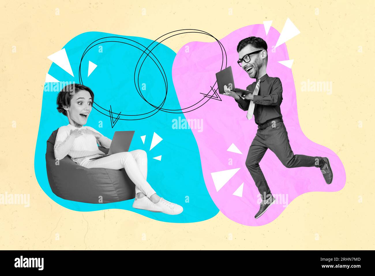 Photo collage artwork of funky funny workers chatting devices message ...