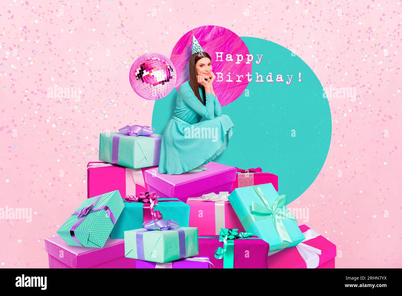 Banner collage picture greeting card of lovely girlfriend sitting on ...