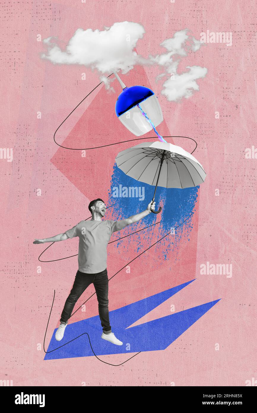 Sketch surreal collage retro pop poster of cheerful positive guy hold ...