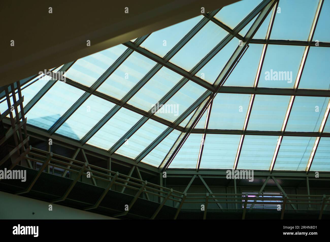 Pinacle of steel and glass that make the roof of a shopping mall, seen ...