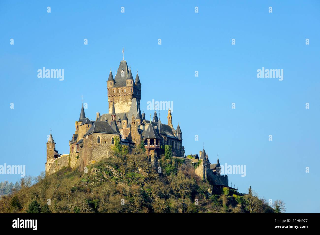 Cochem Castle or Reichsburg Cochem with blue sky, Cochem, Germany Stock ...