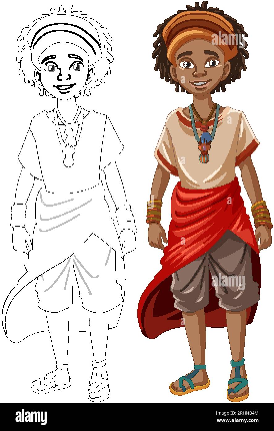 A man wearing traditional African clothing stands in a vector cartoon ...