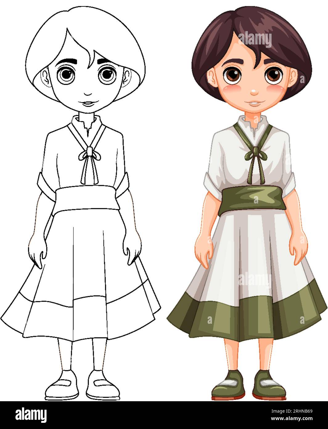 A cartoon illustration of a cute woman wearing traditional Asian dress ...