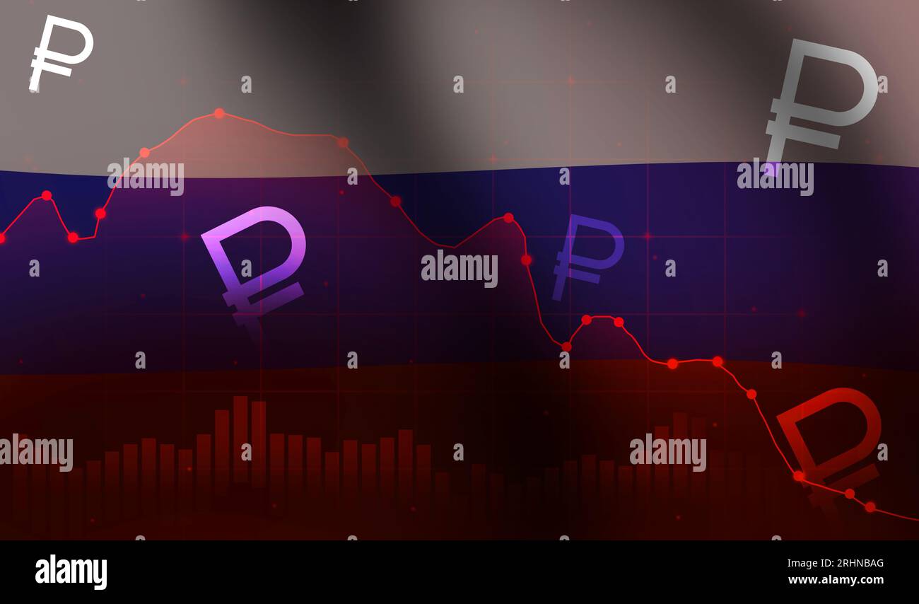 Russia Ruble currency crash and fall concept background with waving ...