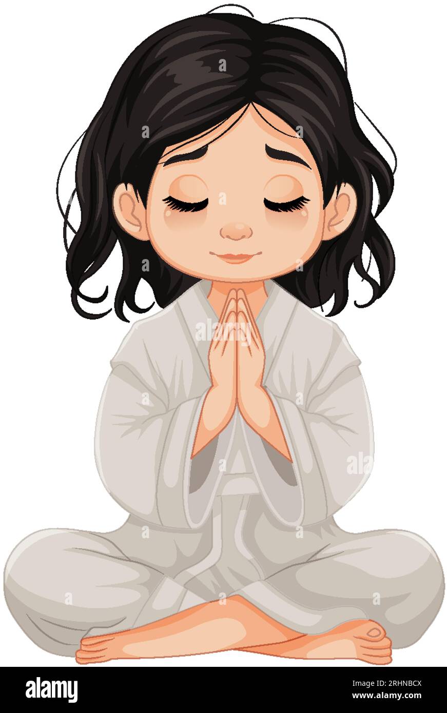 A vector cartoon illustration of a young girl sitting and praying in ...