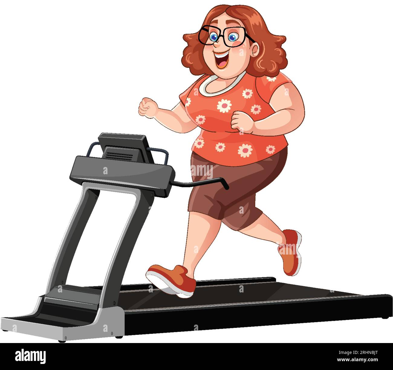 A cartoon illustration of a middle-aged woman running on a treadmill ...