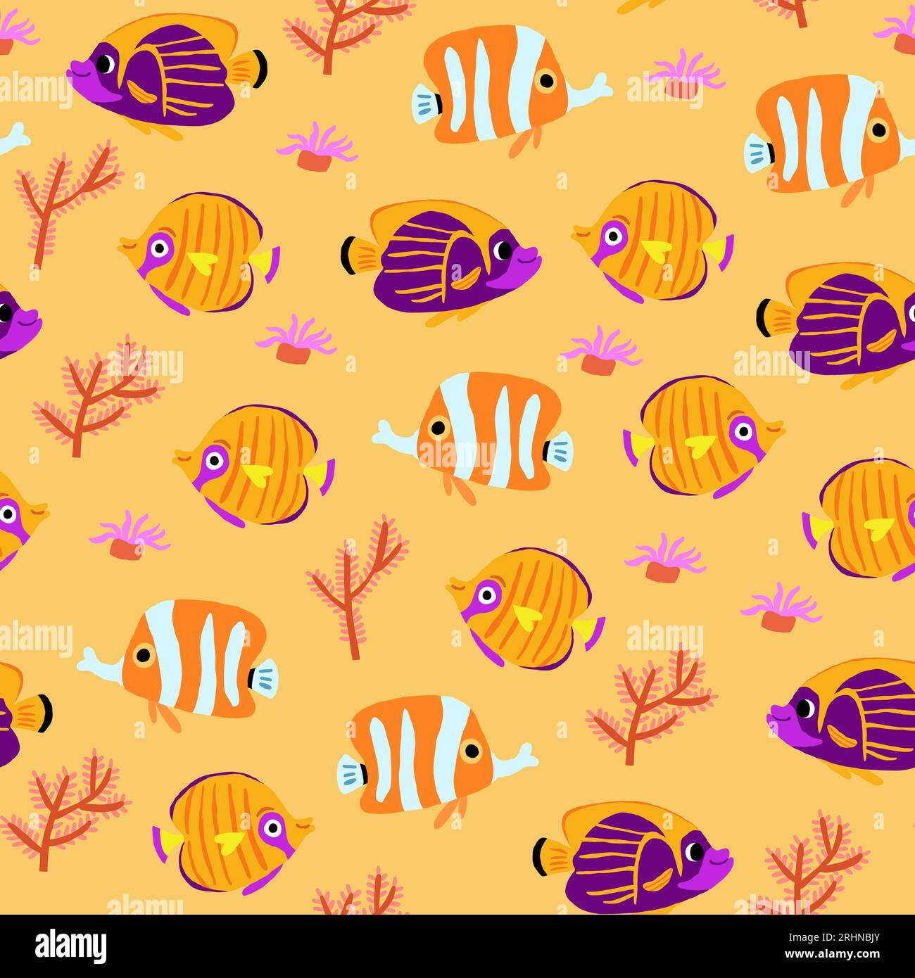 Vector seamless pattern with beautiful exotic fish, coral reafs fish ...