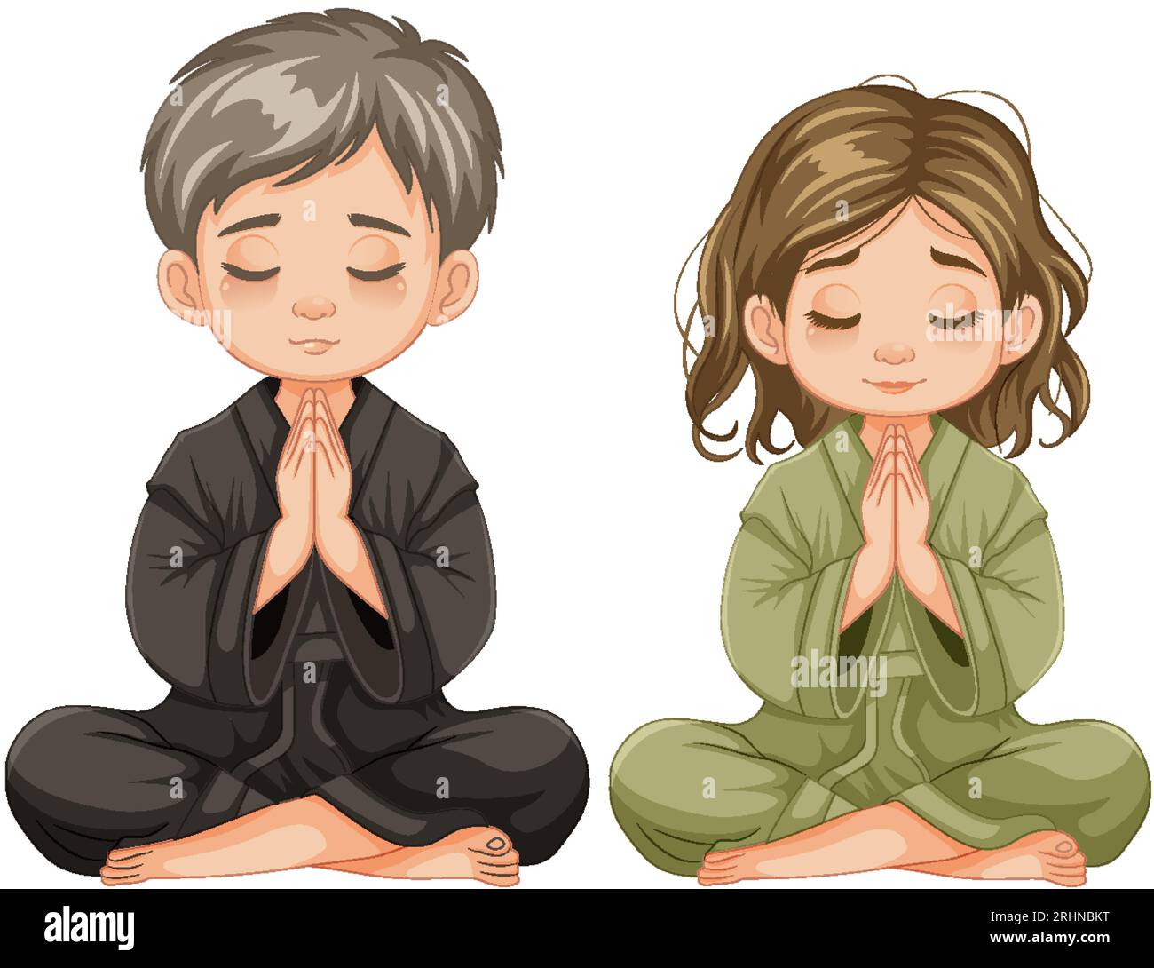 A cartoon illustration of a boy and girl sitting and meditating with ...