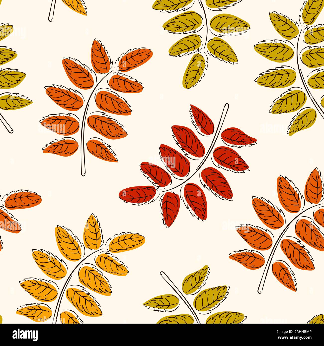 Seamless pattern with rowan leaf in line art flat style. Astract leaf ...