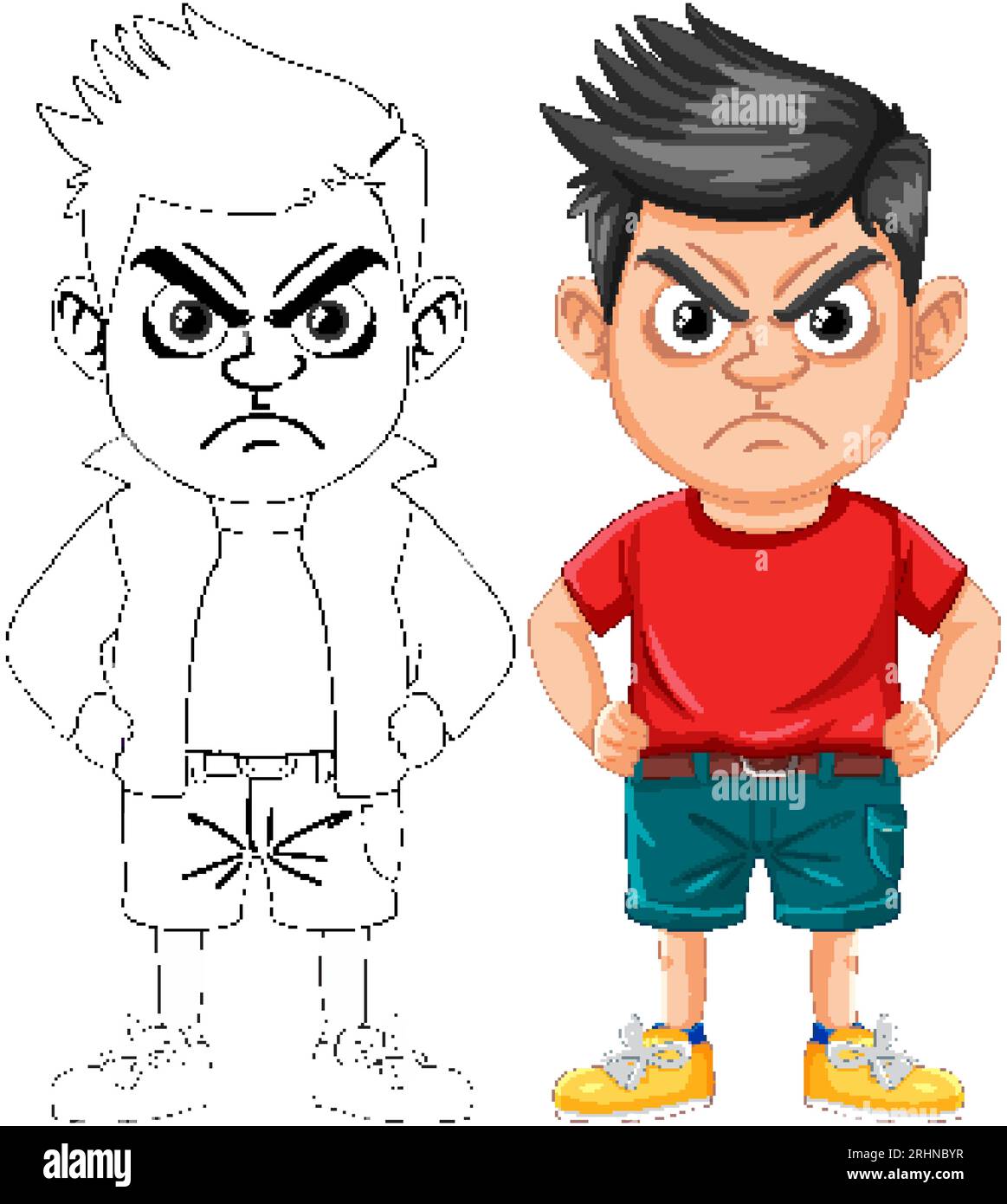 An angry cartoon character of a young boy, illustrated in a vector ...