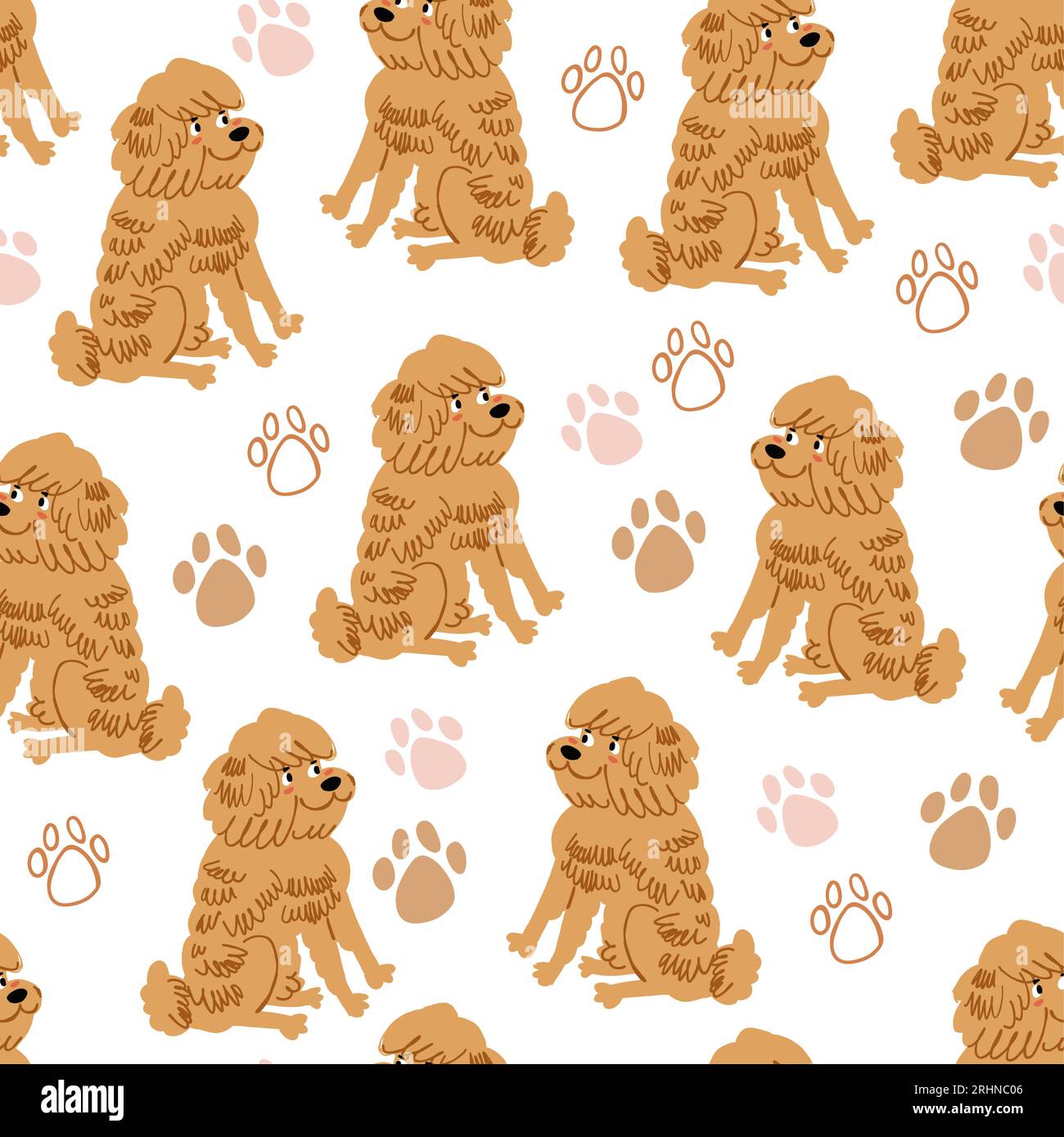 Vector seamless pattern with cute fluffy dog and paw prints, kid ...