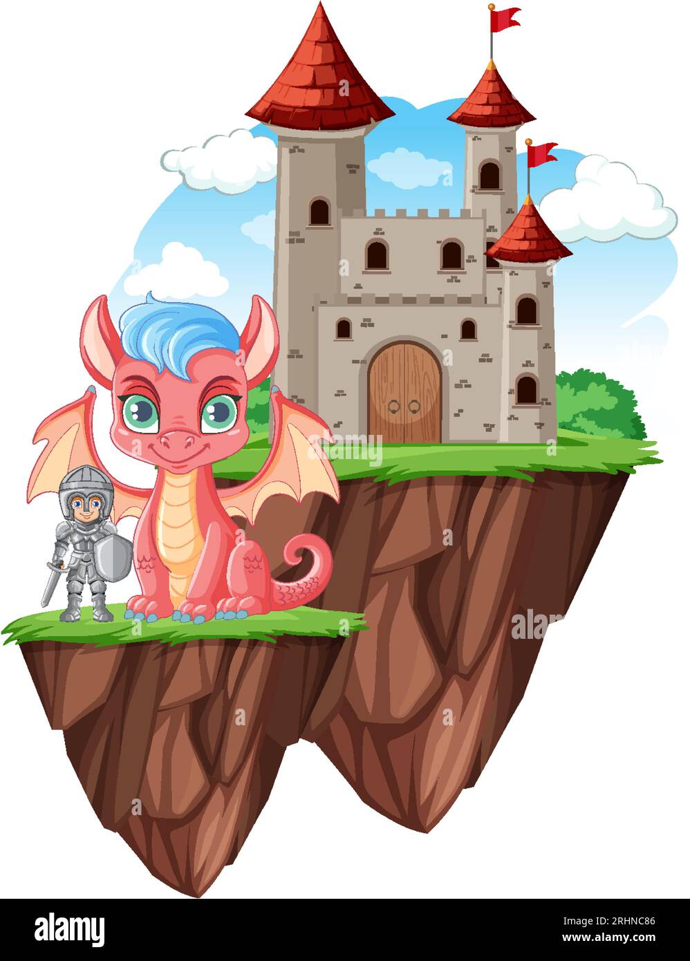 Cute Dragon with Knight Standing in Front of Castle illustration Stock ...