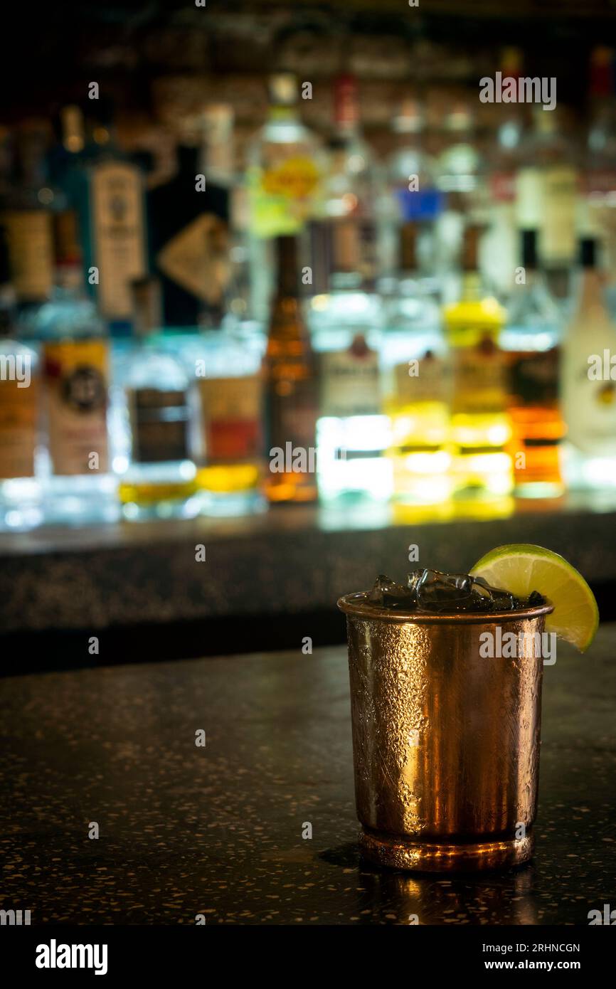 moscow mule cocktail in copper mug at interior bar counter Stock Photo ...
