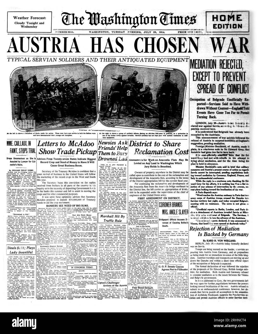 The Washington Times Front Page from July 28th, 1914: "Austria has ...