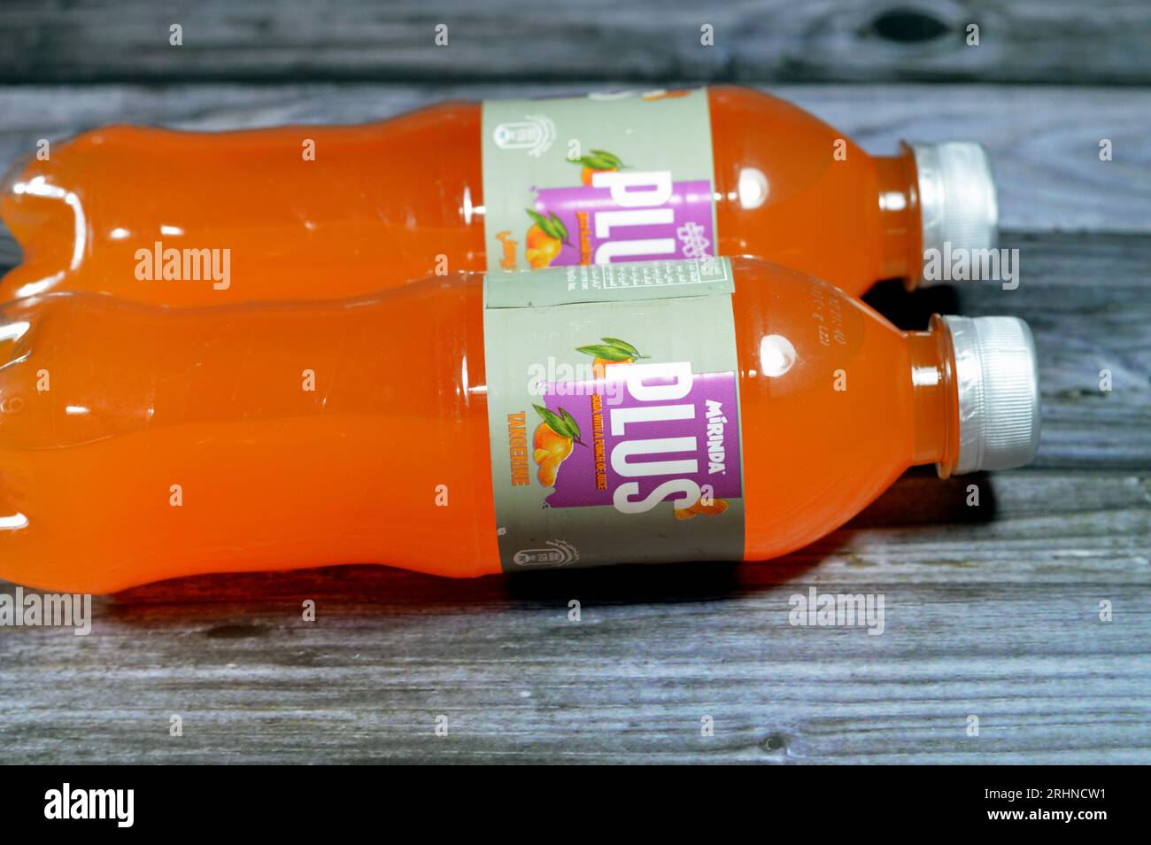 Cairo, Egypt, July 29 2023: Mirinda Plus tangerine soda with a punch of ...