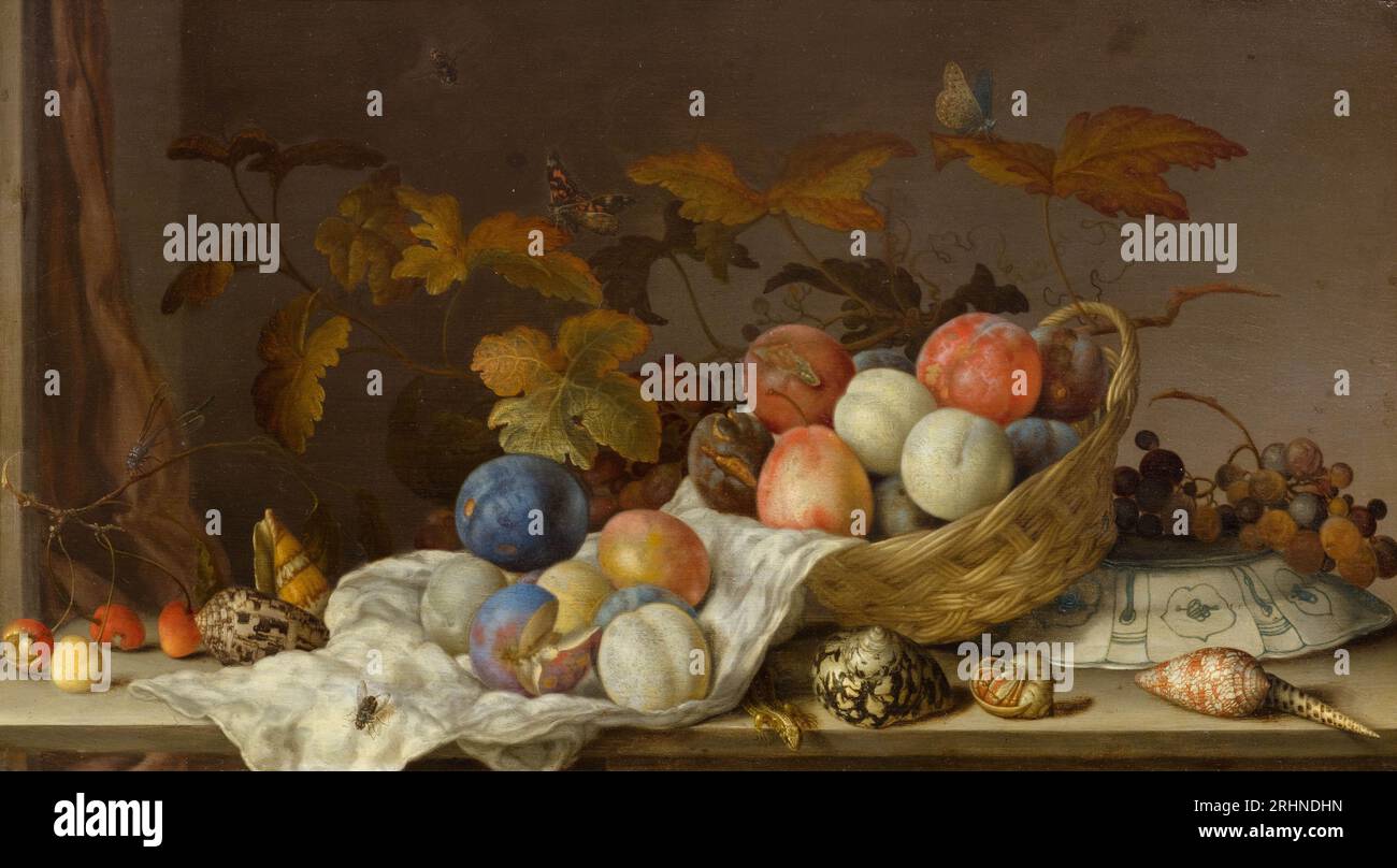 Still life with fruit in a wicker basket, blue and white porcelain ...