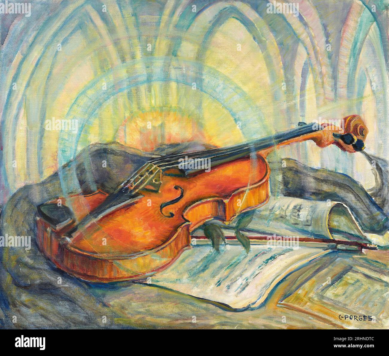 Still life with violin. Museum: PRIVATE COLLECTION. Author: Clara Porges Stock Photo - Alamy