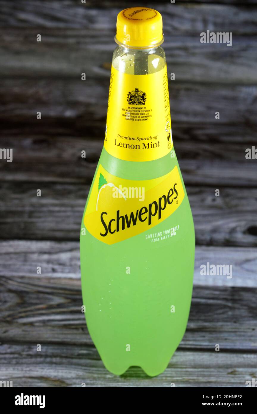 Giza, Egypt, July 27 2023: Schweppes premium sparkling soft drink contains fruit pulp lemon mint ...