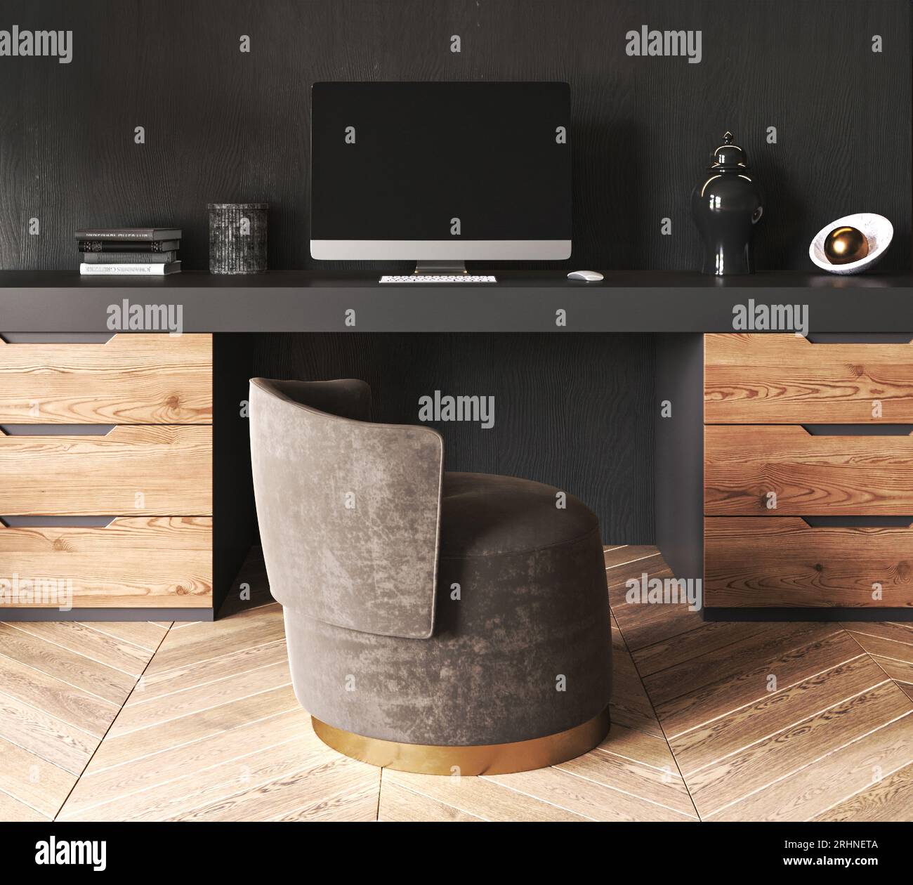 Beige home interior office with wooden dark table, chair and decor in ...