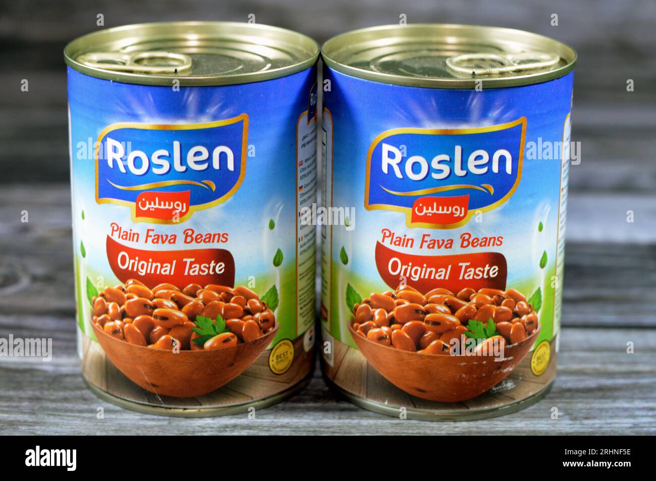 Cairo, Egypt, July 27 2023: Canned Roslen fava beans plain medammes ...