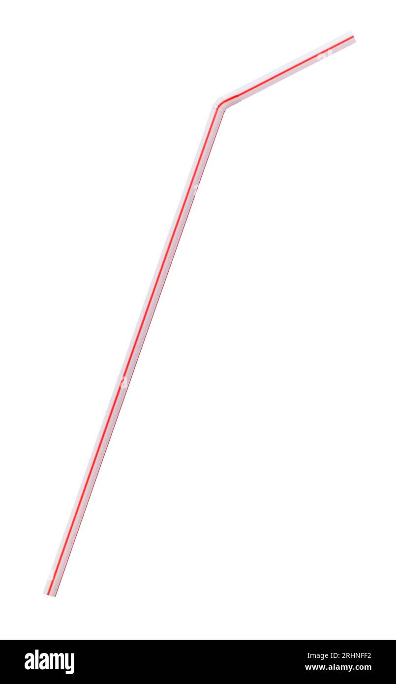 disposable white and red plastic thin drinking straw cutout on white ...