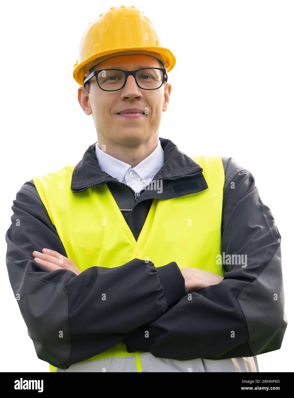 Portrait of a smiling engineer in a glasses, helmet and blue suit ...
