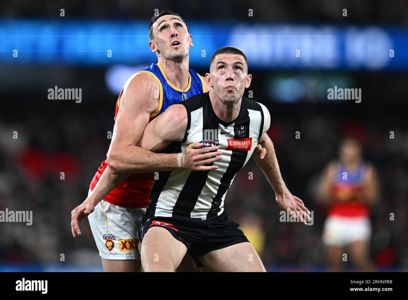 Melbourne, Australia. 18th Aug, 2023. Oscar McInerney of Brisbane (left) and Darcy Cameron of ...