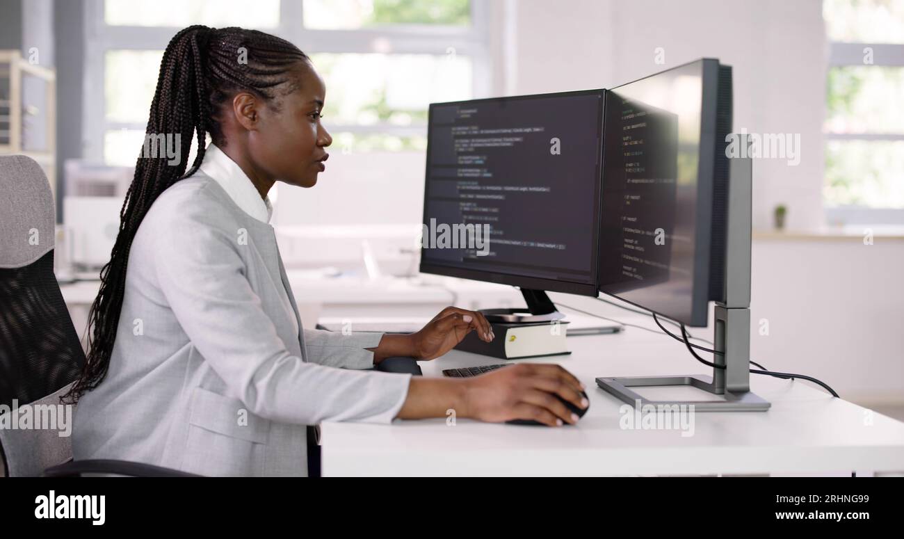 African American Coder Using Computer At Desk. Web Developer Lady Stock ...
