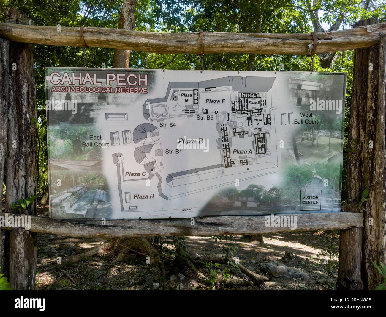 A map sign in the Mayan ruins in the Cahal Pech Archeological Reserve ...