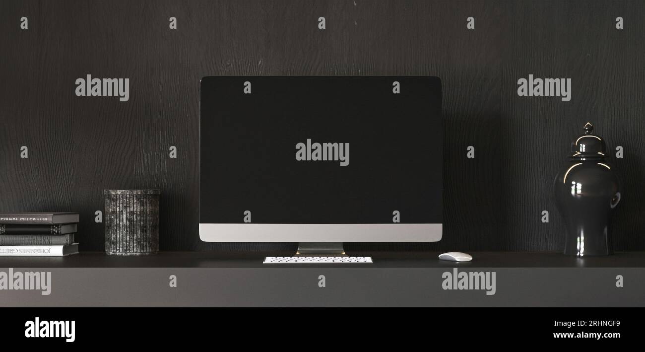 Gray home interior office with wooden dark table, computer screen and ...