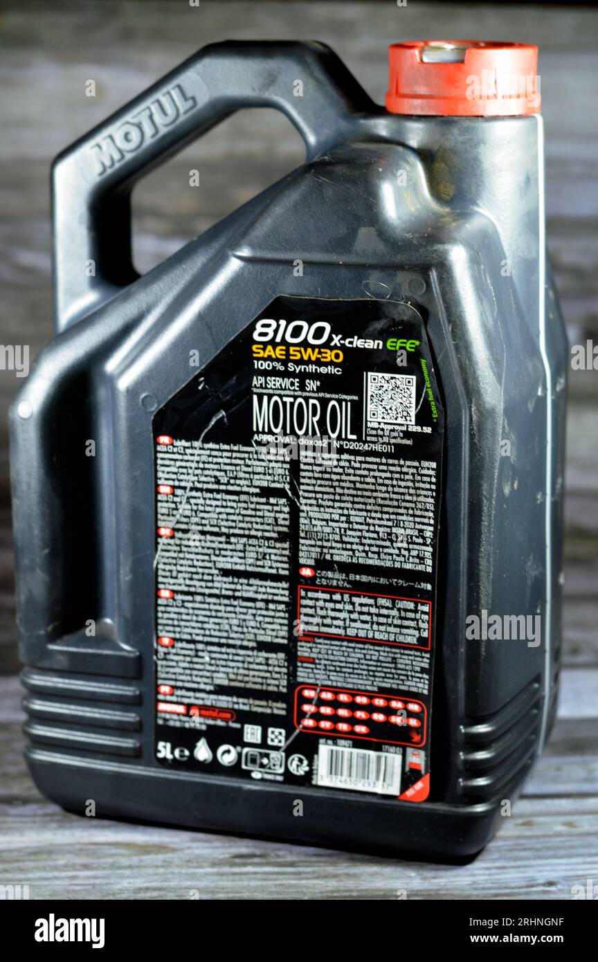 Cairo, Egypt, July 28 2023: Motul X-clean EFE 8100 motor oil SAE 5W-30 ...