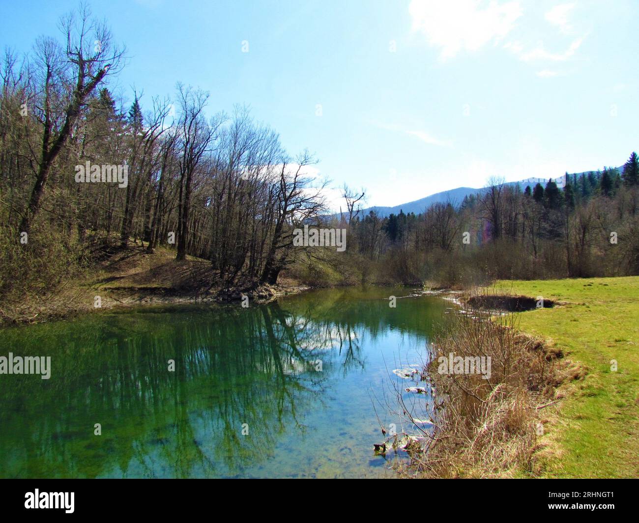 Scenic river Rak in Rakov Skocjan Notranjska, Slovenia with a meadow on ...