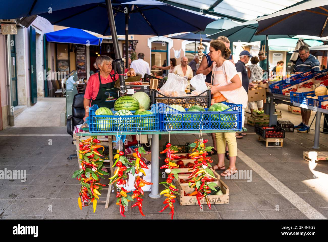 Open-air town market with local produce, Rovinj, Istria, Croatia Stock ...