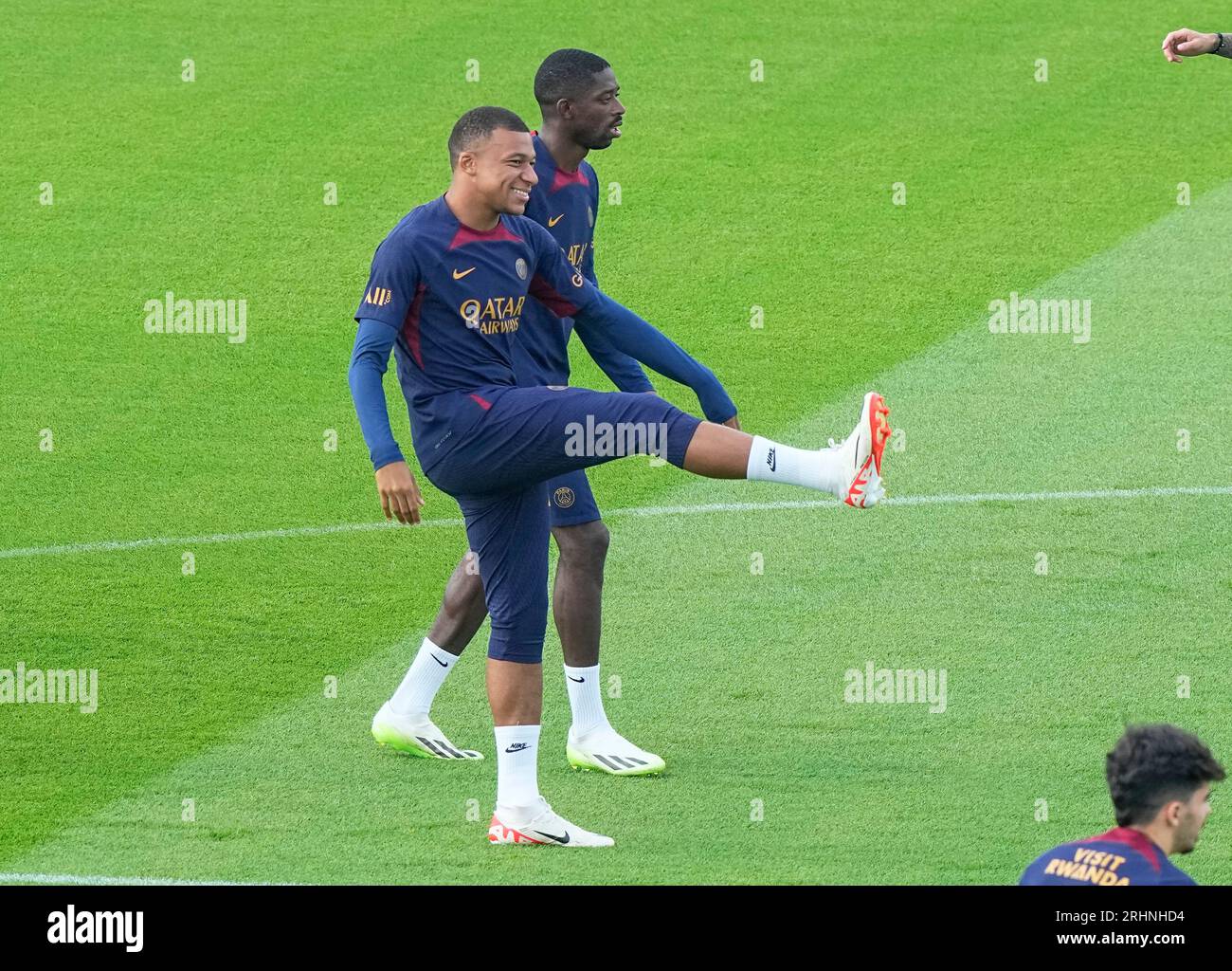 PSG's Kylian Mbappe, left, and PSG's Ousmane Dembele train at the Paris ...