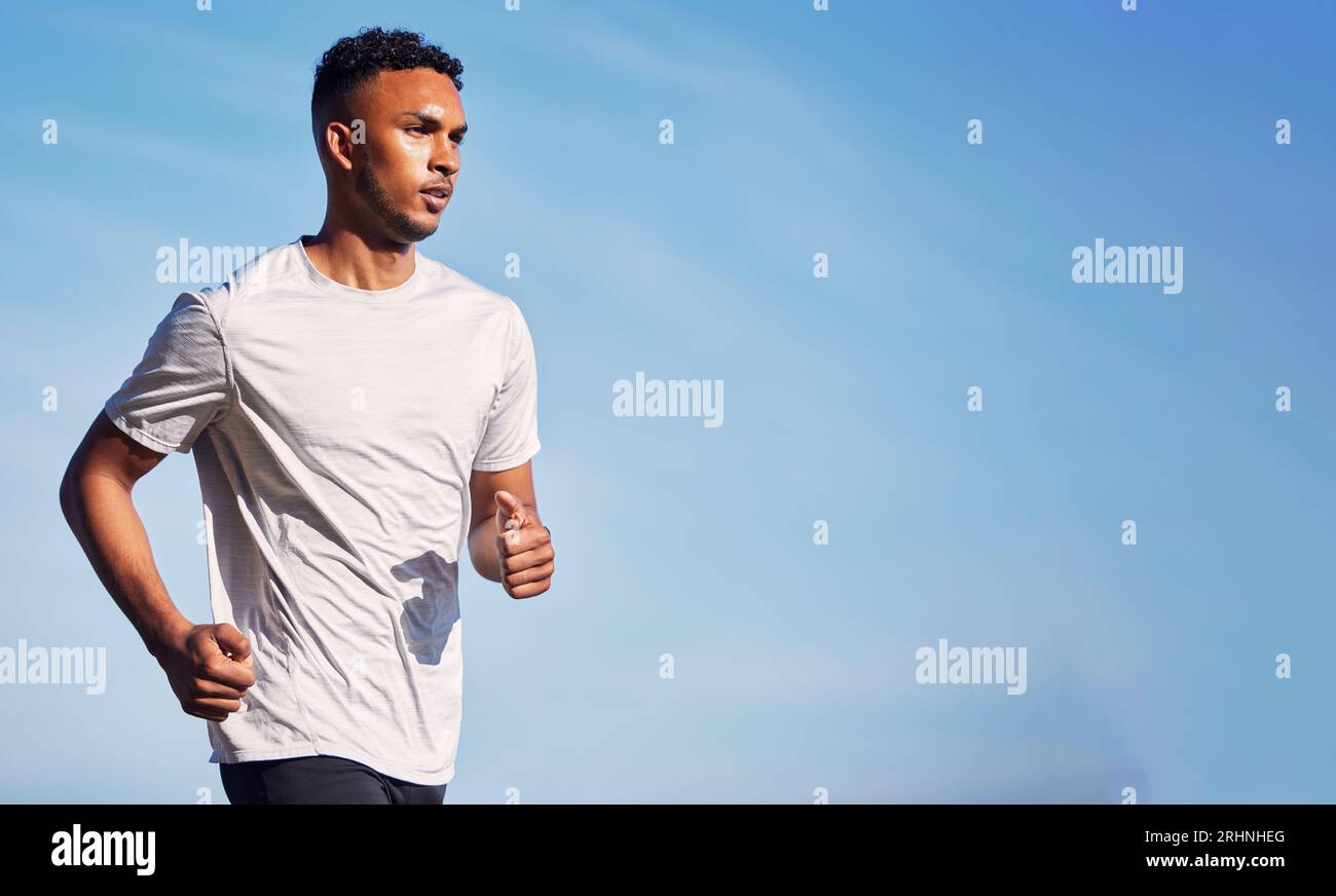 Running, man and training in summer nature and outdoor exercise with ...