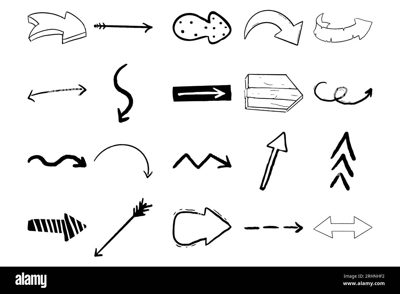 Set arrow pointer ink lines, textured shapes hand drawn decorative elements in doodle style ...