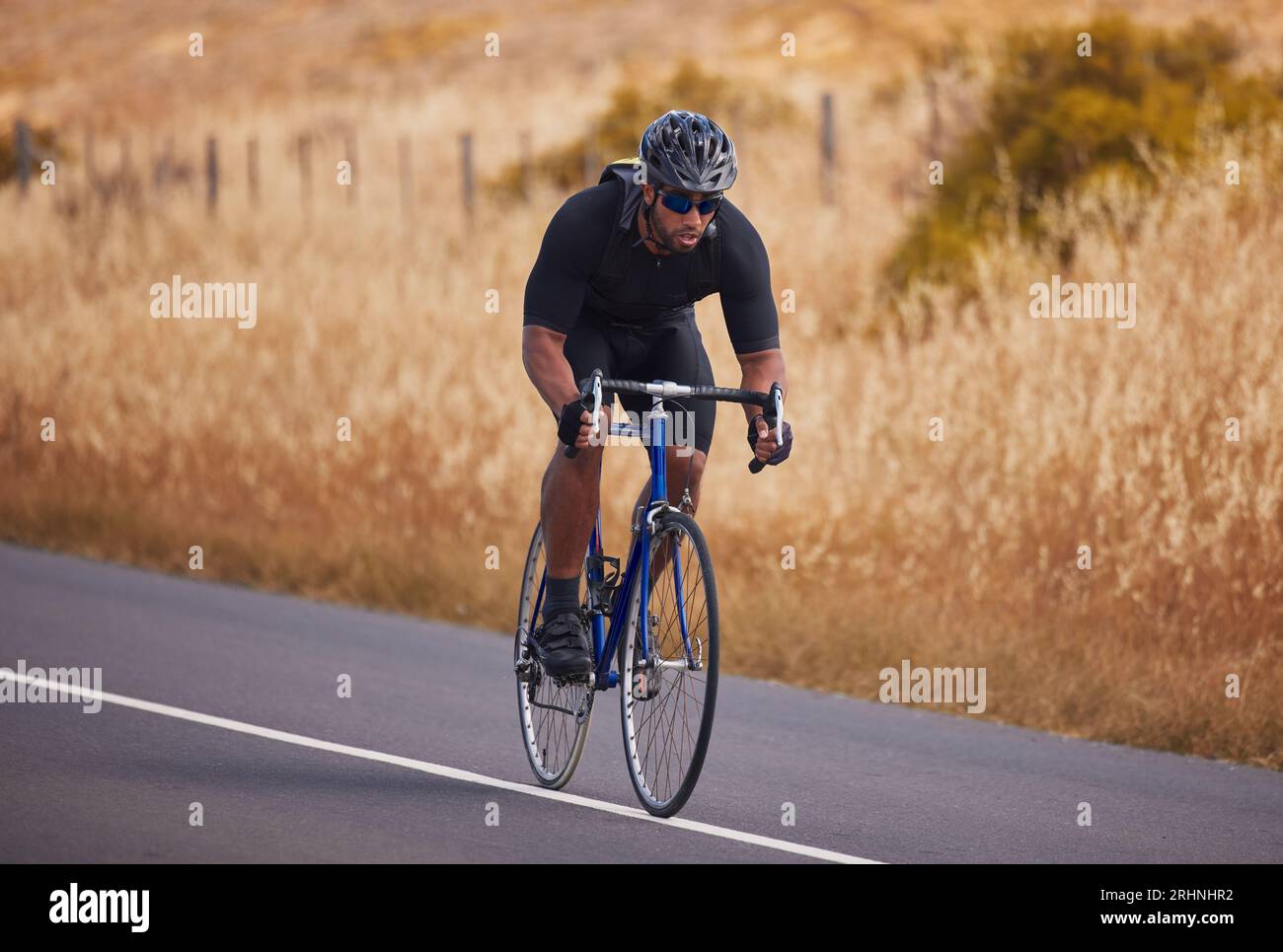 Fitness, nature and bicycle, man on road for workout exercise and ...