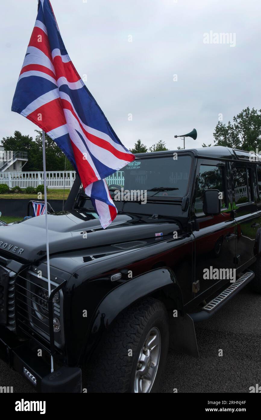 Union Jack flag on a modern Land Rover at Rule Britannia Breakfast Club ...